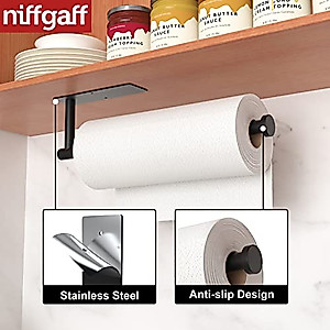 Paper Towel Holder - Self-Adhesive or Drilling, Matte Black Wall Mounted Paper Towel Rack for Kitchen, SUS304 Stainless Steel Kitchen Roll Holder Under Cabinet