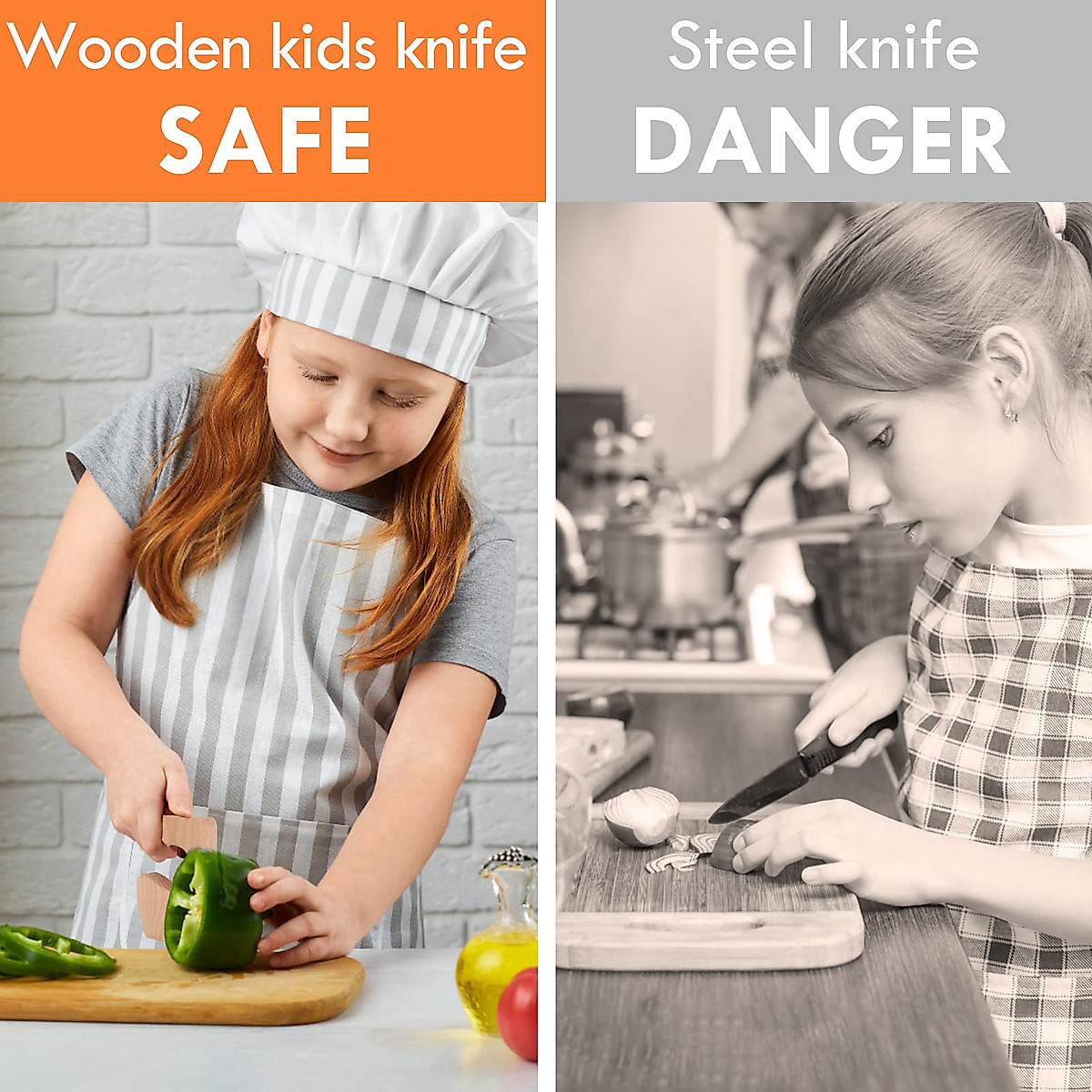 Ufandia Wooden Kids Knife, Children Kitchen Wooden Knife for Cooking Safe Kitchen Tools for Toddlers, Crocodile Wooden Knives for Cutting Fruits, Salad and Vegetables, Safe Knife for Kids Beginner