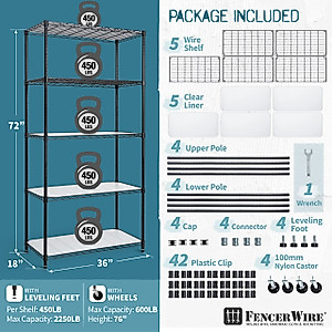 Fencer Wire NSF Commercial Heavy Duty Wire Shelving w/Wheels, Leveling Feet & Liners, Kitchen Storage Shelf, Garage Shelving Storage, Utility Wire Rack Storage Shelves, w/Liner, 36 x 18 x 76 5-Tier
