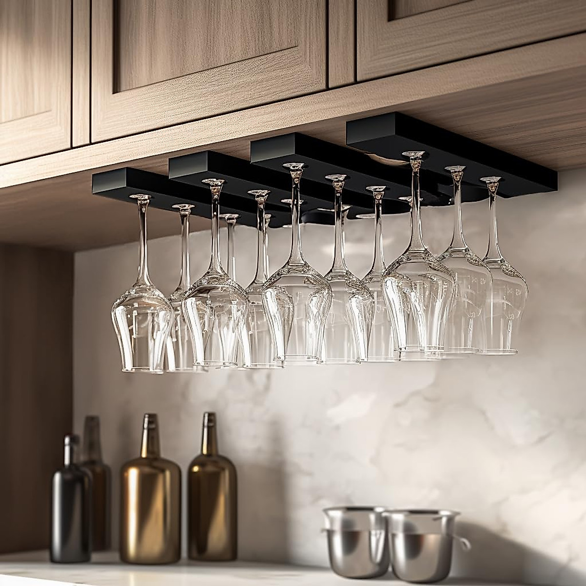 AQJUNONG Wine Glass Holder ， 2 Pack Wine Glass Rack, No Drilling Wine Glass Holder Under Cabinet, Hanging Stemware Rack Organizer Hanger for Bar and Kitchen Cabinet（Classic Black）