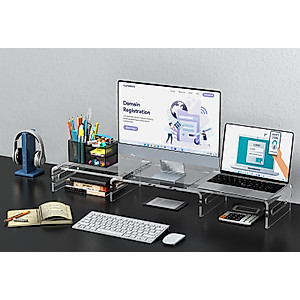 ErgoFocus Acrylic Monitor Stand Riser, Dual Monitor Stand with Adjustable Length and Angle, Clear Monitor Stand for 2 Monitors, 3 Shelf Monitor Stand Riser with Anti-Slip Mat for Computer