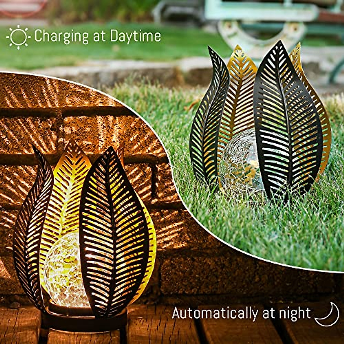 Garden Solar Lights Pathway Outdoor Palm Leaf Crackle Glass Globe Metal Flower Lights,Waterproof Garden Lights Decorations for Tabletop Patio Yards Walkway Party