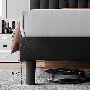 iPormis Full Size Platform Bed Frame, Faux Leather Upholstered Bed Frame with Square Tufted Headboard, Wood Slats Support, No Box Spring Needed, Easy Assembly, Black
