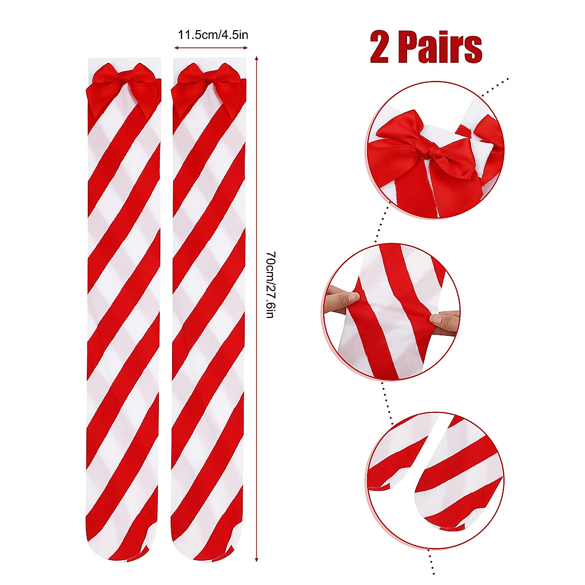 Eurzom 4 Pairs Christmas Striped Socks Red and White Striped Socks Women Long Striped Candy Cane Knee High Socks Leg Stockings for Women