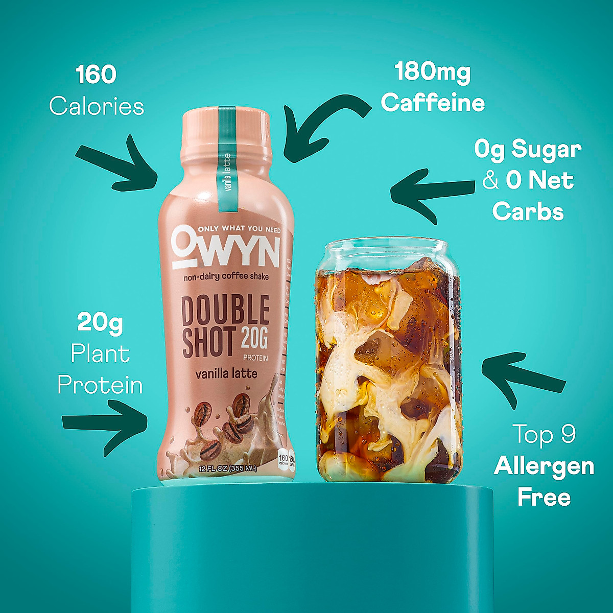 OWYN Only What You Need Double Shot Dairy Free Keto Protein Coffee Shake, Vanilla Latte, 0g Sugar, 20g Plant Based Protein, 180mg Caffeine, Gluten & Soy Free, Non-GMO, Vegan (12 Pack, 12 Fl Oz)