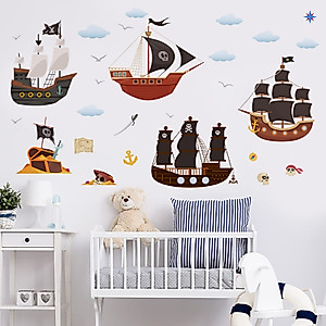 PLIGREAT Pirate Ship Wall Stickers, Removable Self-Adhesive Wall Stickers, Peel and Stick Wall Decals DIY Vinyl Wall Stickers for Boys Bedroom Nursery Living Room Home Wall Art Decor