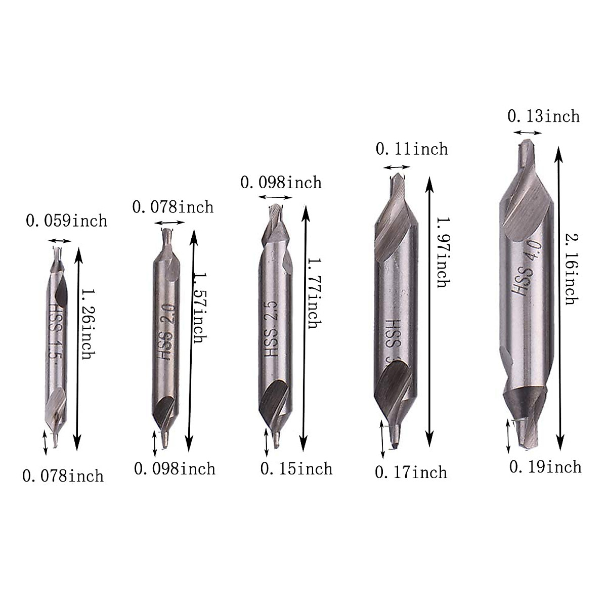 Combined Countersinks Drills Set Tool 5 Pack Center Drill Countersink Lathe Bit Mill Tooling Set Tip Angle 60 Degree Bits for Metal, Alloy, Copper, Iron, Aluminum, Titanium and Wood Working