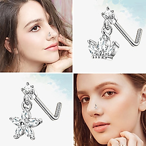 ORAZIO 9 PCS Dangle Nose Rings L Shaped for Women 20G Stainless Steel Nose Rings Studs CZ Cross Crown Flower Heart Dangling Nose Rings Piercing Jewelry