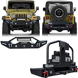LUYWTE New Black Powder Coated Steel Front and Rear Bumper With Tire Carrier&Oil Drum Rack&6XLED Lights&4XD-Rings For 1997-2006 Wrangler TJ