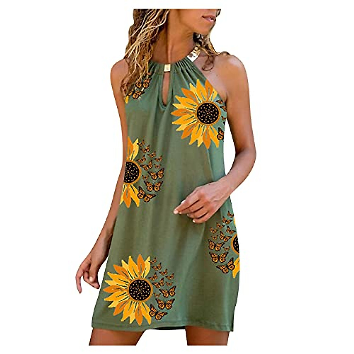 FABIURT Boho Dress for Women,Women's Bohemian Sexy Halter Neck Sleeveless Flowy Beach Party Mini Dress Summer Casual Boho Sundress Sundress Women Long Plus Size