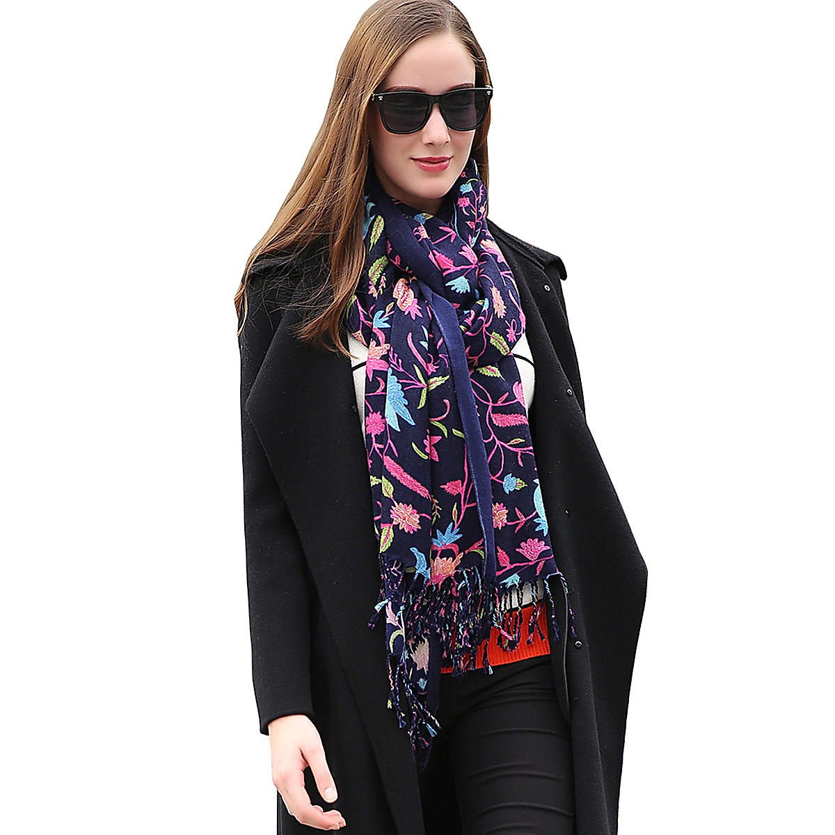 DANA XU 100% Merino Wool Extra Large Pashmina Blanket Travel Scarf Cashmere Wrap for Women Fall Winter Oversize Shawl Floral