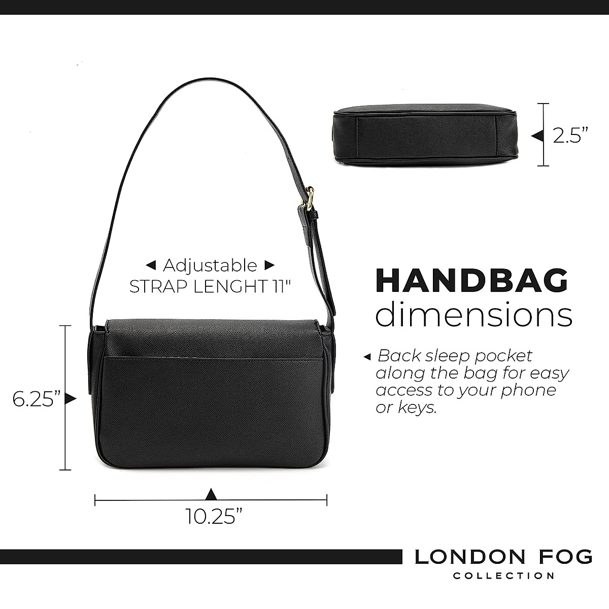 LONDON FOG ASTOR Texture Shoulder Bag for Women with Adjustable Strap - Black Texture