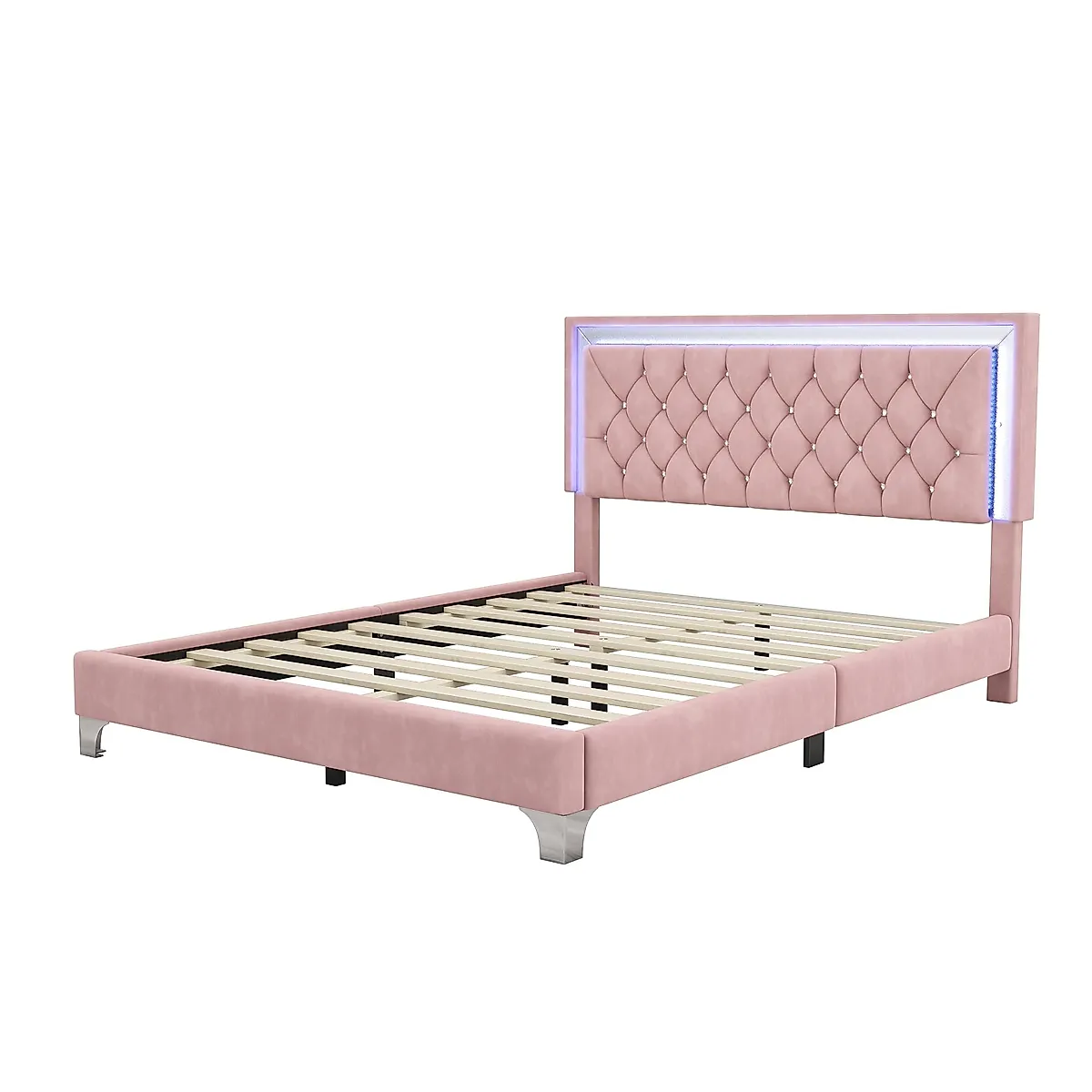 Queen Size Velvet Upholstered Platform Bed Mattress Foundation w/Crystal Tufted Headboard&LED Light for Adult,Low Profile Panel Bed Frame w/Metal Legs&Wooden Slat Support for Bedroom Guestroom (Pink)