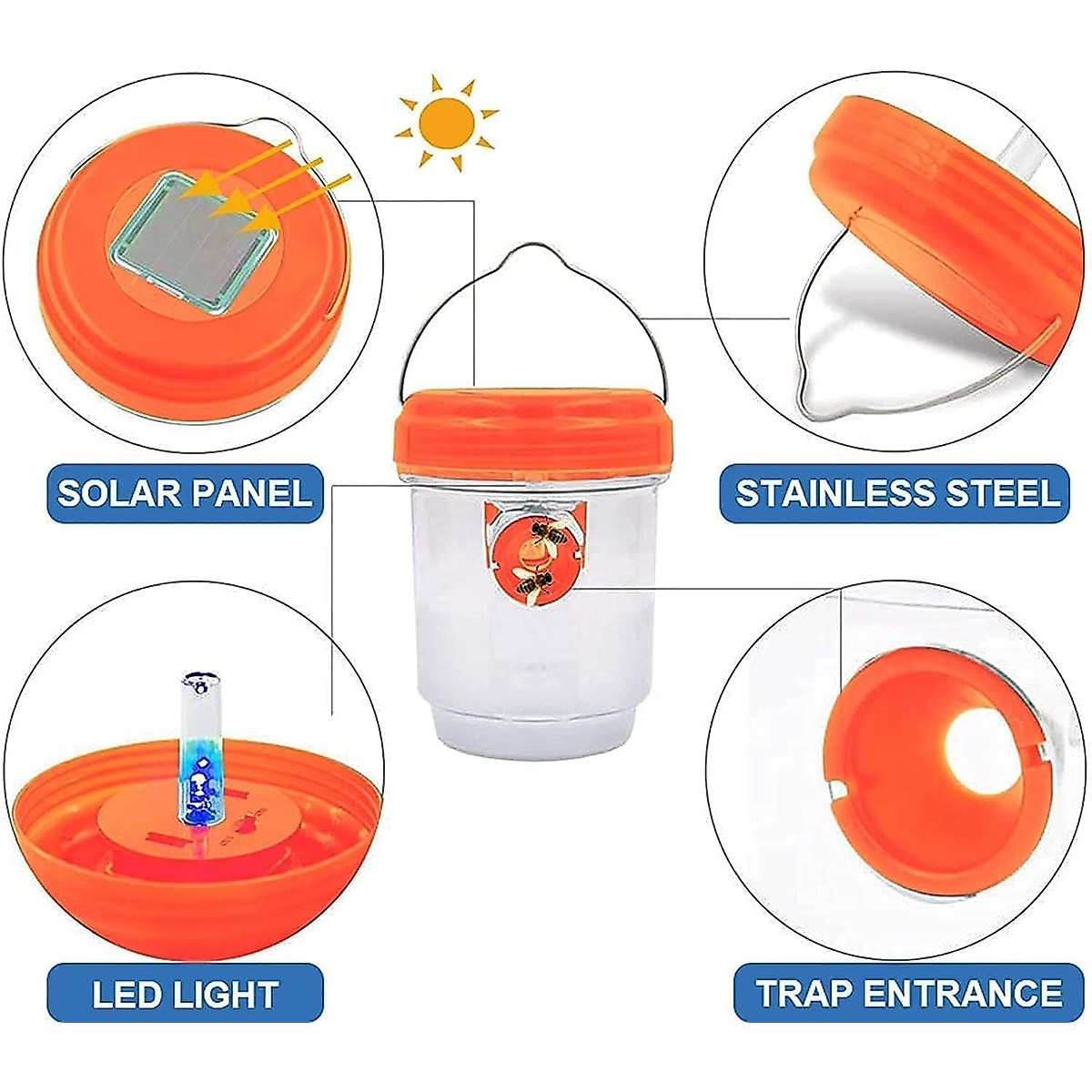 2 Pack Solar Wasp Traps, Solar Powered Wasp Killer Hanging with UV LED Light, Reusable Bee Trap Catcher Outdoor for Hornets, Yellow Jackets
