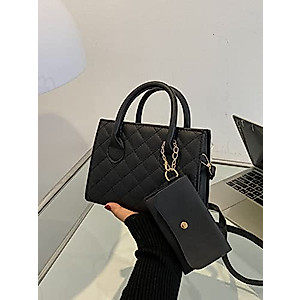 SHENHE Women's Quilted Leather Top Handle Totes Shoulder Square Bag Handbags with Wallet Black One Size