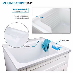 Transolid TCAS-2522-WC 25-in Laundry Cabinet with Acrylic Sink, Stainless Steel High Arc Faucet, White