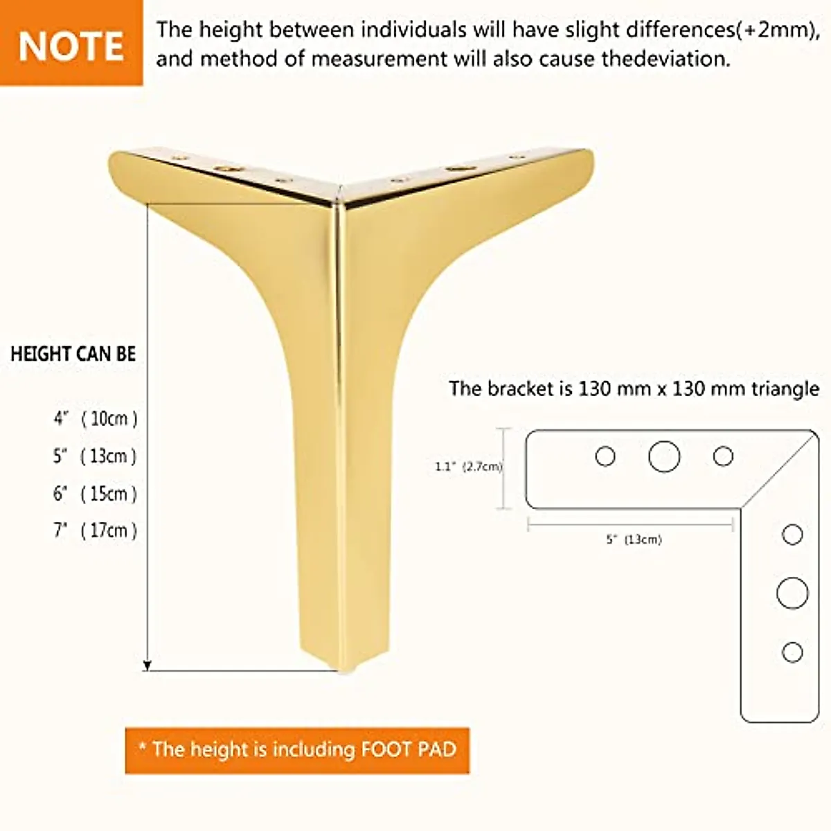 WEICHEN 4 inch Metal Furniture Legs, Modern Triangle Legs for Furniture Set of 4 Couch Legs DIY Replacement Legs for Cabinet Sofa Cupboard Chair Ottoman Dresser (Gold)