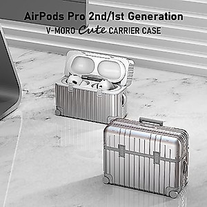 Airpods Pro 2nd/1st Generation Case Cover (2022/2019) with Keychain,V-MORO Cute Suitcase Earphone Protective Case for Apple Airpods Pro 2 Men Women-Silver