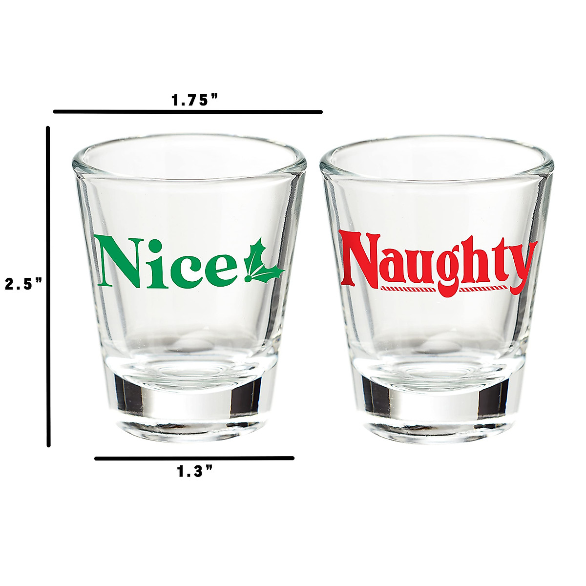 2 Shot Glasses - Christmas Naughty & Nice Novelty Glass Set - 1.5 oz Green Red Fun Gift Wrapped Boxed - Unique Fun Funny Gag Present For Him Her - Liquor Drinking Game