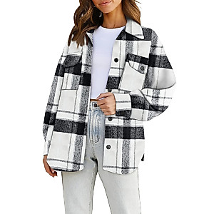 AUTOMET Womens Fall Outfits Fashion Clothes Shackets Flannel Plaid Button Down Long Sleeve Shirts Jackets Blackwhite L