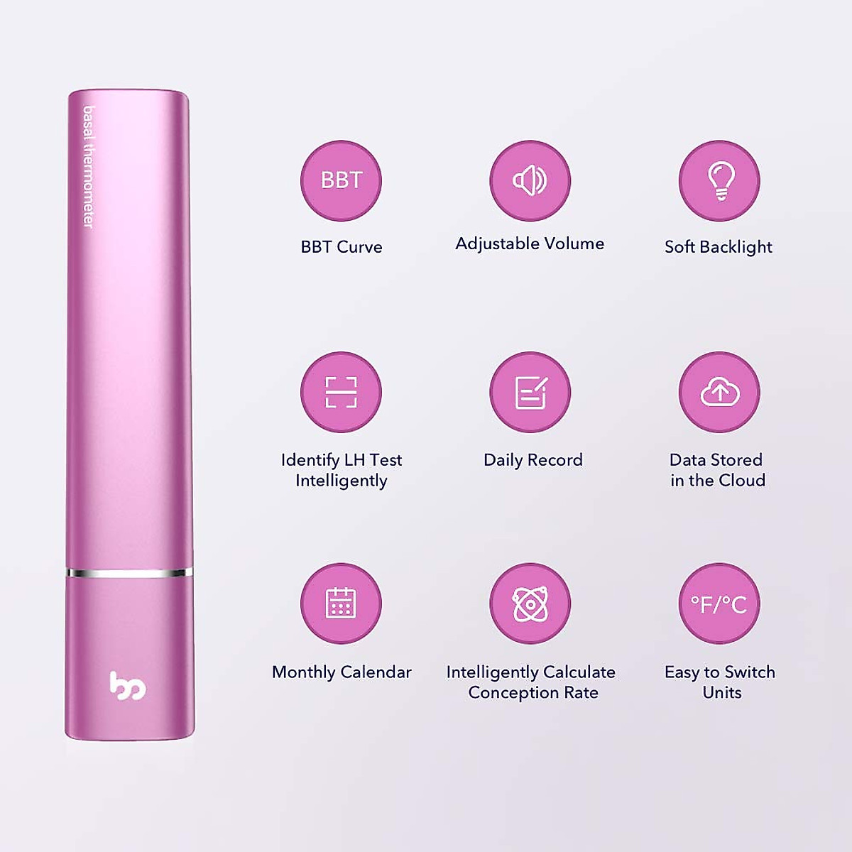 Smart Basal Body Thermometer, BBT Thermometer with Backlight LED Screen, Fertility/Period Tracker with Femometer APP, Automatic Data Recording, Lipstick Shape, Easy to Use and Carry, Purple