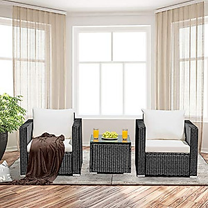 COSTWAY 3 PCS Patio Wicker Furniture Set Conversation Rattan Sofa Set w/Cushion Garden White