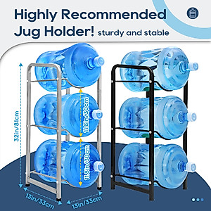 Iococee 5 Gallon Water Jug Stand, 5 gallon water jug holder, With guardrail to prevent falling, 5 gallon water jug rack for 3 Bottles (3-tiers Silver) for Home, Office Organization