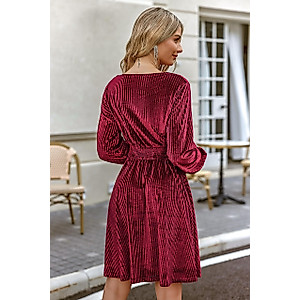 Zeagoo Women Fall Wedding Guest Dresses Plus Size Ladies Long Sleeve Dress Flowy Mini Formal Dinner Dress Wine Red,M