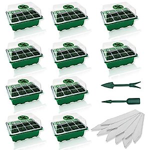 Uncle JC-10-Pack Seed Starter Tray (12 Cells per Tray) House Seed Starter Kit for Garden Seedling Tray with Humidity Adjustable Plant Starter Kit with Dome and Green Base Plus Plant Tags Hand (Green)