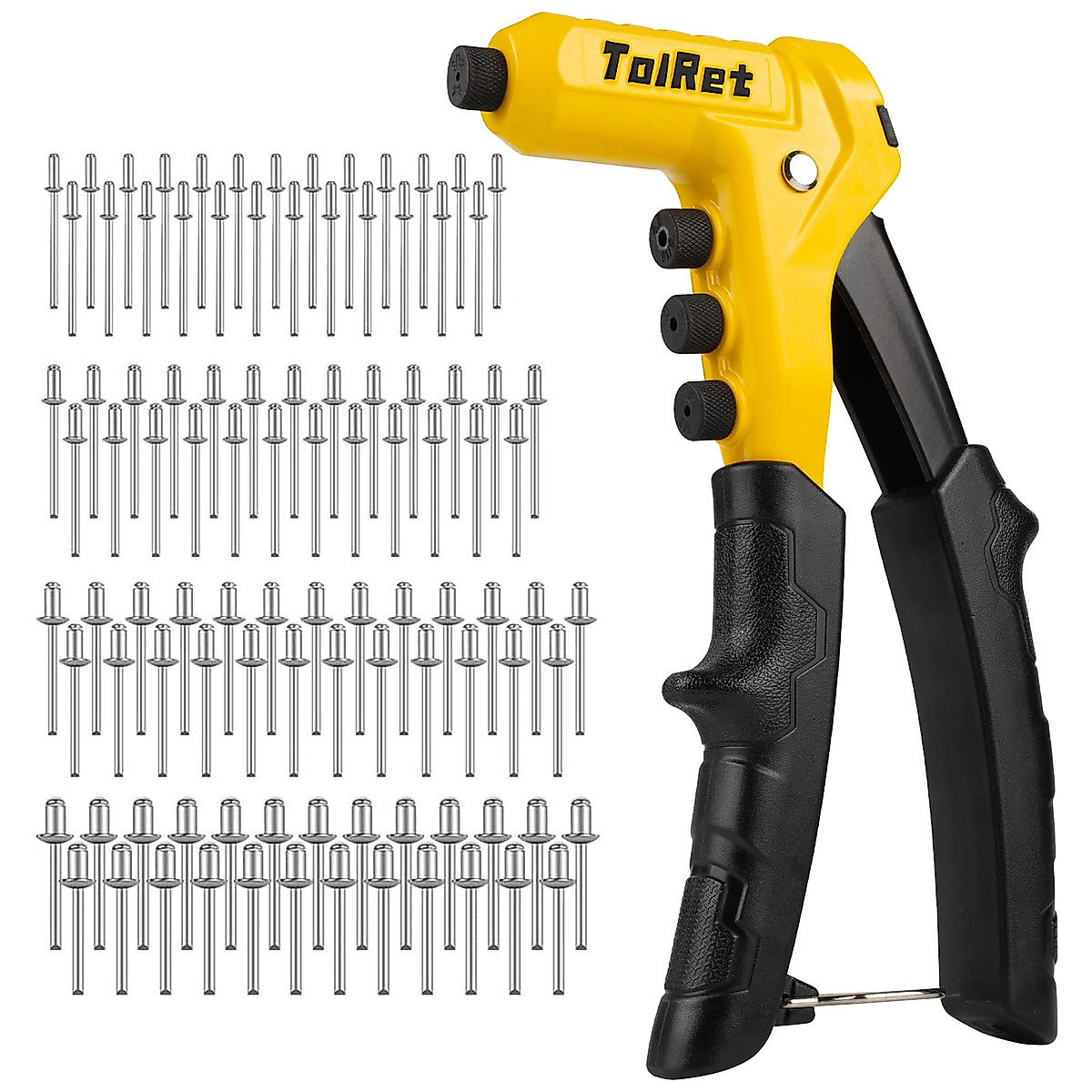 TOLRET Rivet Gun, Pop Rivet Gun Kit with 320 Pcs Rivets, Manual Rivet Tool with 4 Manual Interchangeable Nosepieces, Heavy Duty Hand Riveter for Metal, Wood, Plastic,TR-205