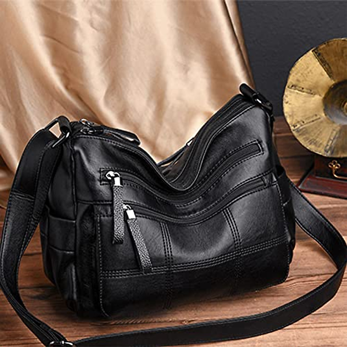 Cross Body Bag - Fashion Soft PU Leather Handbags with Multi Pockets - Large Capacity Shoulder Bags Tote Purses, Black