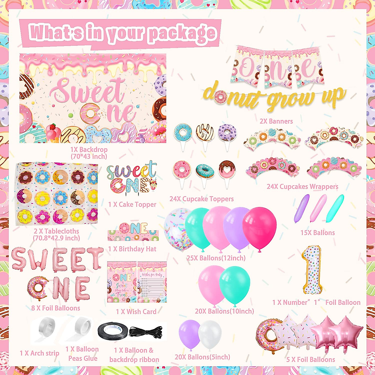 LXlucktim Donut Birthday Party Supplies for 1 Year Old Girl, 150 Pcs Sweet One Party Decorations for Girls Baby - Backdrop, Tablecloth, Crown, Poster