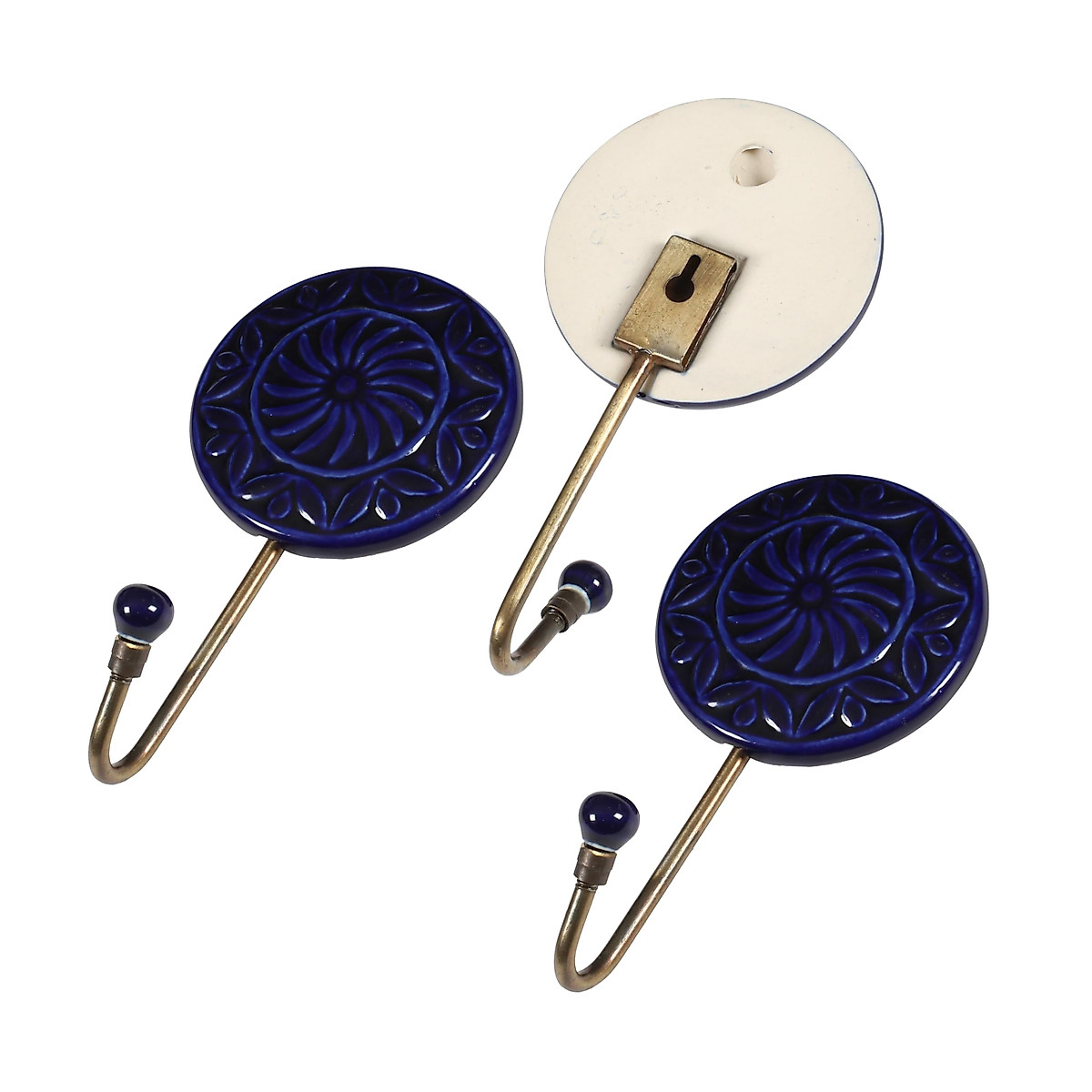 Alpha Living Home Set of 3 Ceramic Wall Coat Hooks, Round Decorative Robe Hook, Scarf, Bag, Towel, Hat etc for Kitchen Bathroom Office Farmhouse Wall Mounted Hanging - Antiue Royal Blue