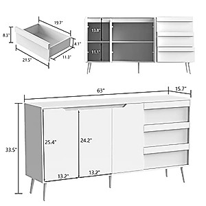 ECACAD Modern Sideboard Buffet Storage Cabinet with 3 Drawers & 3 Doors, Kitchen Cupboard Console Cabinet with Metal Legs for Living Room, Entryway, White (63”L x 15.6”W x 33.4”H)
