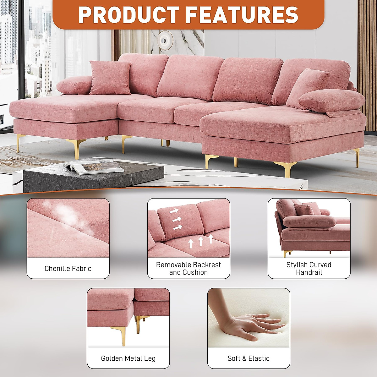 OUYESSIR U-Shaped Sectional Sofa Couch, 4 Seat Sofa Set for Living Room, 110.6" L-Shaped Chenille Sleeper Couch Set with Double Chaise Lounge (Pink)