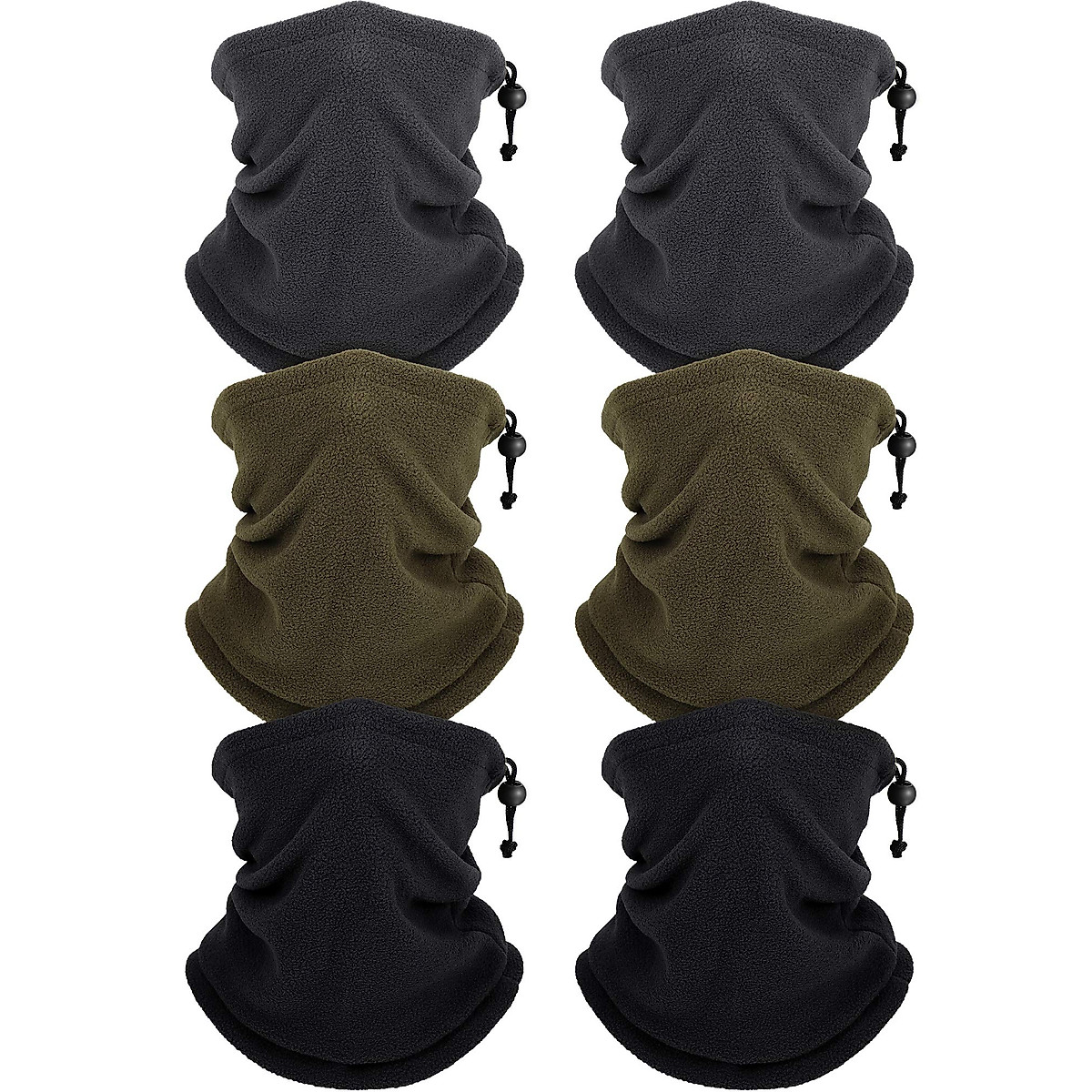 6 Pieces Drawstring Warm Winter Fleece Neck Gaiter Double Layer Neck Warmer Windproof Face Scarf for Men Women (Black, Dark Gray, Army Green)