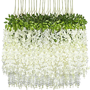 Pauwer Wisteria Hanging Flowers 24 Pack Fake Flower Garland Artificial Wisteria Vines Rattan Silk Flower String Wedding Party Wall Decorations,White
