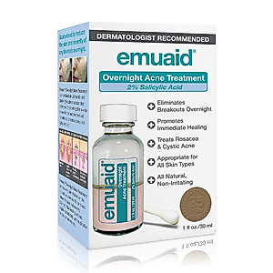 EMUAID Overnight Acne Treatment, Gentle Fast-Acting Solution with Salicylic Acid for Adults and Teens, Clears Stubborn Pimples, Cystic Acne, Blackheads, Rosacea, and Hormonal Breakouts, 1oz