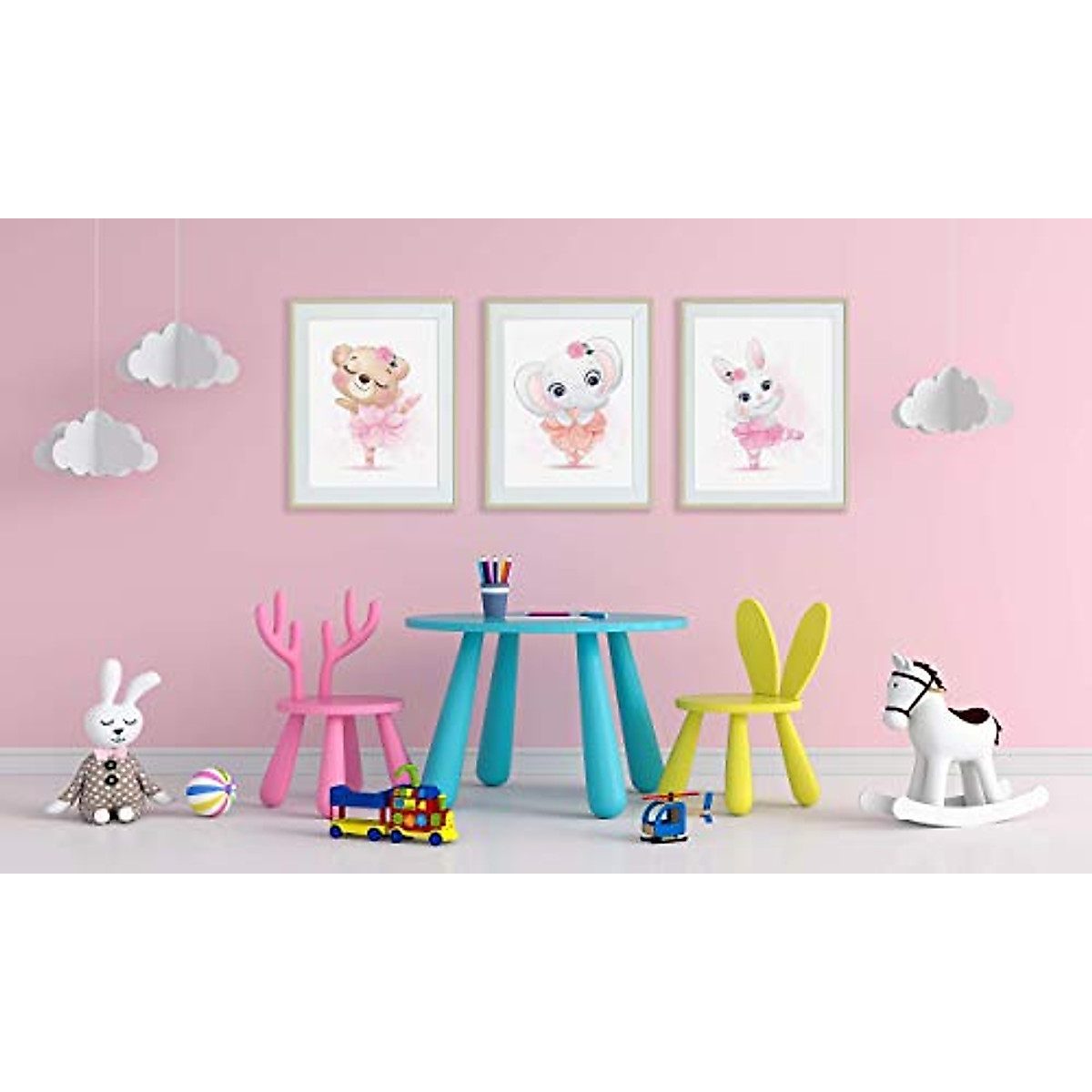 Framed Nursery Wall Art Animals Ballerinas for Girl Baby Room Wall Decor, 10"x12" Wood Frame, Set of 3