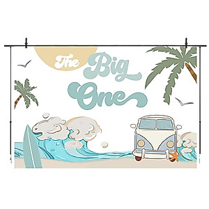 The Big One Surfing 1st Birthday Backdrop for Boys Retro Surf Van Surfboard Beach Party photography Background Boy One Birthday Party Decorations Cake Table Banner 5x3ft