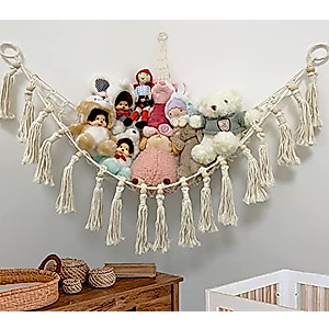 Stuffed Animal Hammock Macrame - Toy Hammock for Stuffed Animals - Stuff Animal Organizer Corner Storage Hanging Fringe - Stuffed Animal Display Holder Net Tassels for Nursery Décor, White (TH-003)