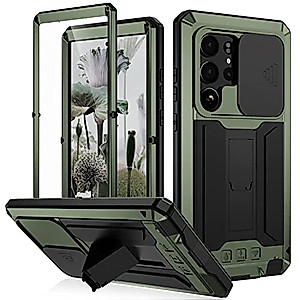 FW Samsung Galaxy S23 Ultra Metal Case with Slide Camera Cover Built in Screen Protector Full Body Hybrid S23 Ultra Case Metal Kickstand Military Heavy Duty Armor Silicone Case for Man Woman (Green)