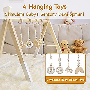 Wooden Baby Play Gym, PgUp Foldable Baby Gym with 4 Wooden Baby Hanging Toys for Play & Learn, Baby Activity Gym Frame Hanging Bar Toddler Gym Newborn Gift for Baby Girl and Boy