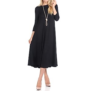 iconic luxe Women's Swing Midi Dress – 3/4 Sleeve Flowy A-Line Tunic – Soft, Stretchy, Comfortable, and Versatile Casual Dress for Everyday Wear X-Large Black