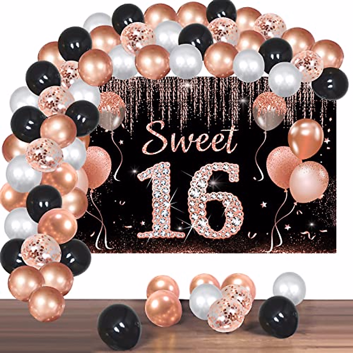Sweet 16th Birthday Banner Decorations with Confetti Balloon Arch Garland, Rose Gold Happy 16 Birthday Backdrop Balloon Kit Party Supplies for Girls, Sixteen Year Old Bday Photo Booth Decor