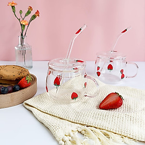 Kreapa strawberry glass cup 2 Sets cute strawberry Clear Glass Mug with Lid and Straw. Strawberry cups with cute strawberry roller stuff pattern decor glass bottle for Juice water milk coffee tea