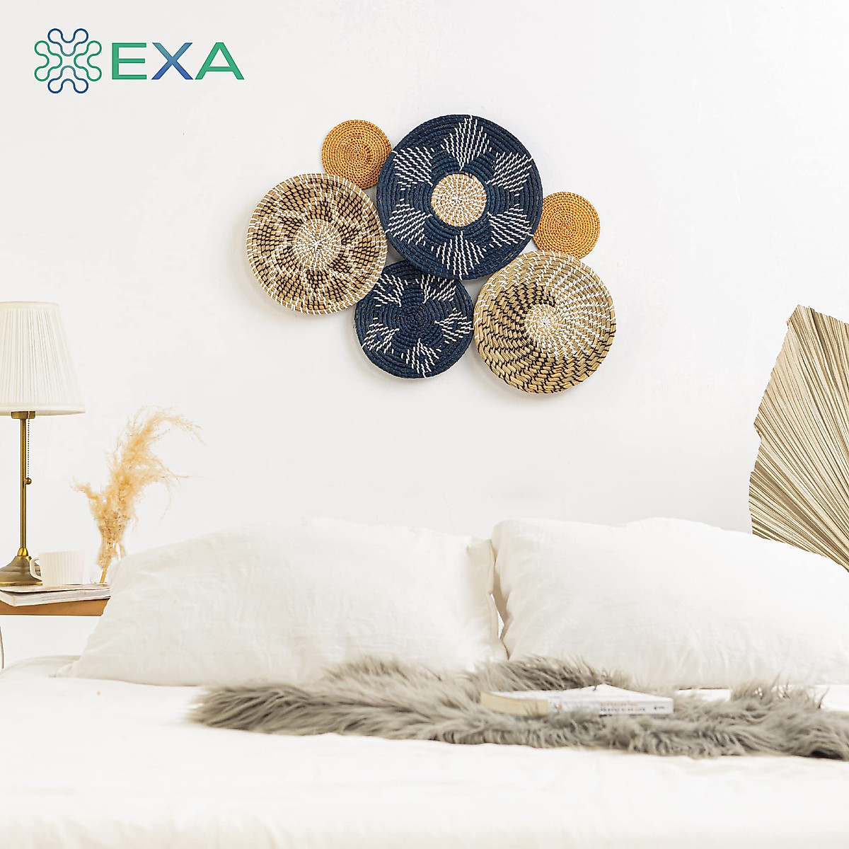 EXA Set of 6 Hanging Woven Wall Basket Decor Peony Rustic Round Decorative Large Wall Decor - Handmade Seagrass Baskets - Rattan Wall Art, Flat Wicker Woven Basket Wall Decors for Boho