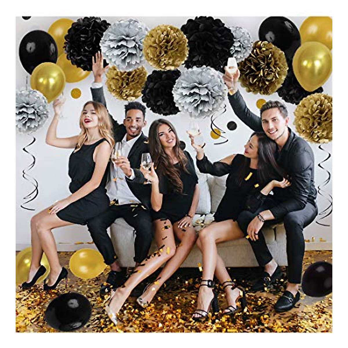 Black and Gold Party Decorations - Masquerade and Birthday Party Decorations with DIY Paper Pom Poms Flowers, Tassel Garland, Balloons, Hanging Swirl, Circle Paper Garland - 58Pcs