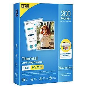 KTRIO Laminating Sheets, Holds 8.5 x 11 Inch Sheets 200 Pack, 3 Mil Clear Thermal Laminating Pouches 9 x 11.5 Inch Lamination Sheet Paper for Laminator, Round Corner Letter Size