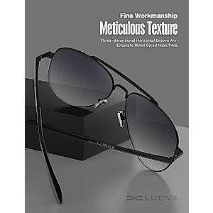 LUENX Aviator Sunglasses for Mens Womens Polarized Driving Eyewear Gradient Black Lens Metal Black Frame 60mm UV400 Protection Classic Style